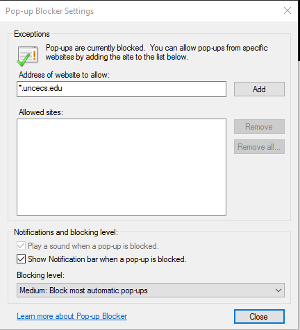 Allowing pop-ups in Windows Web Browsers